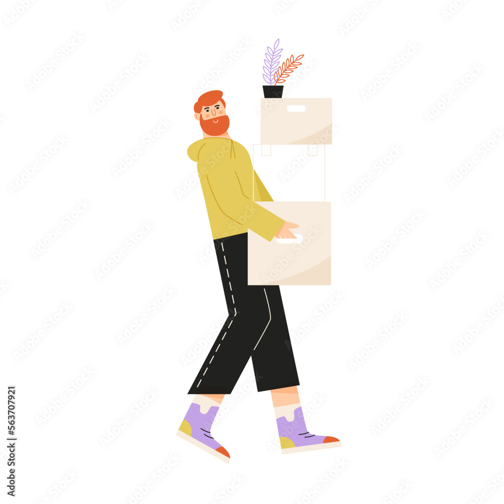 Vector flat illustration with young man carrying boxes. Modern male ...