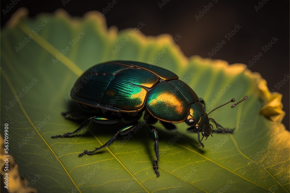 a green beetle sitting on top of a green leaf on a leafy surface with ...