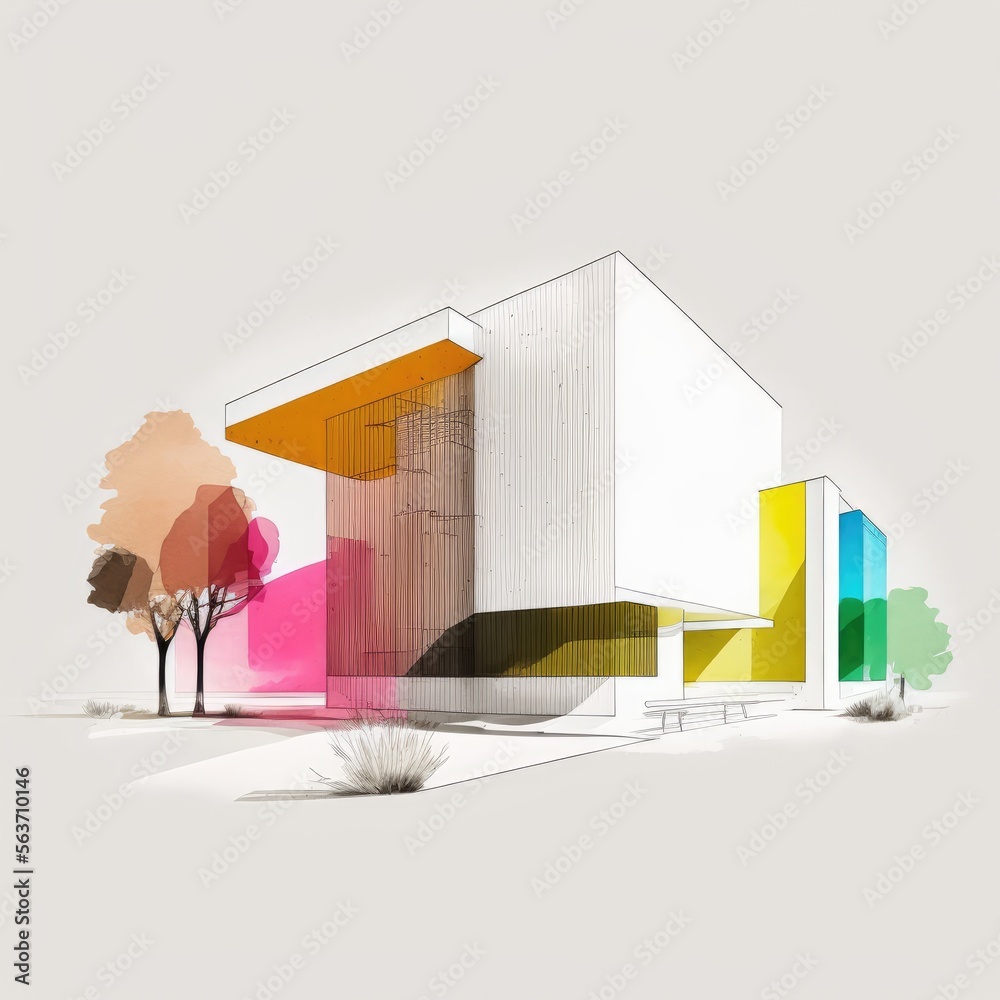 Lightly colored ink sketch of an imaginary Brutalist building created ...