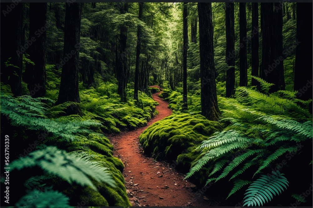 a path in a forest with lots of green plants and trees on both sides of ...