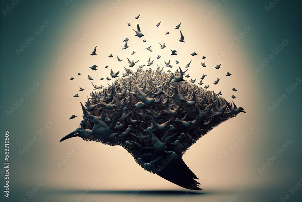a flock of birds flying around a bird shaped head with a sky background ...