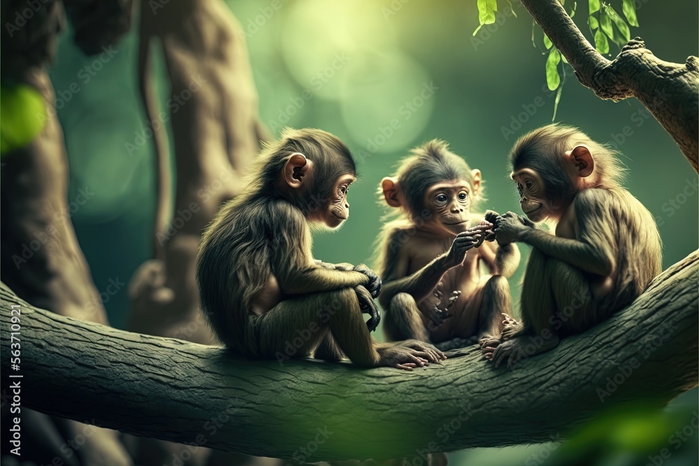 three monkeys sitting on a tree branch talking to each other in the ...
