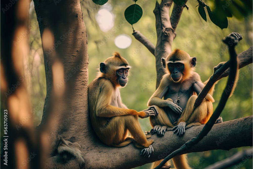 two monkeys sitting on a tree branch in a forest, one of them is ...