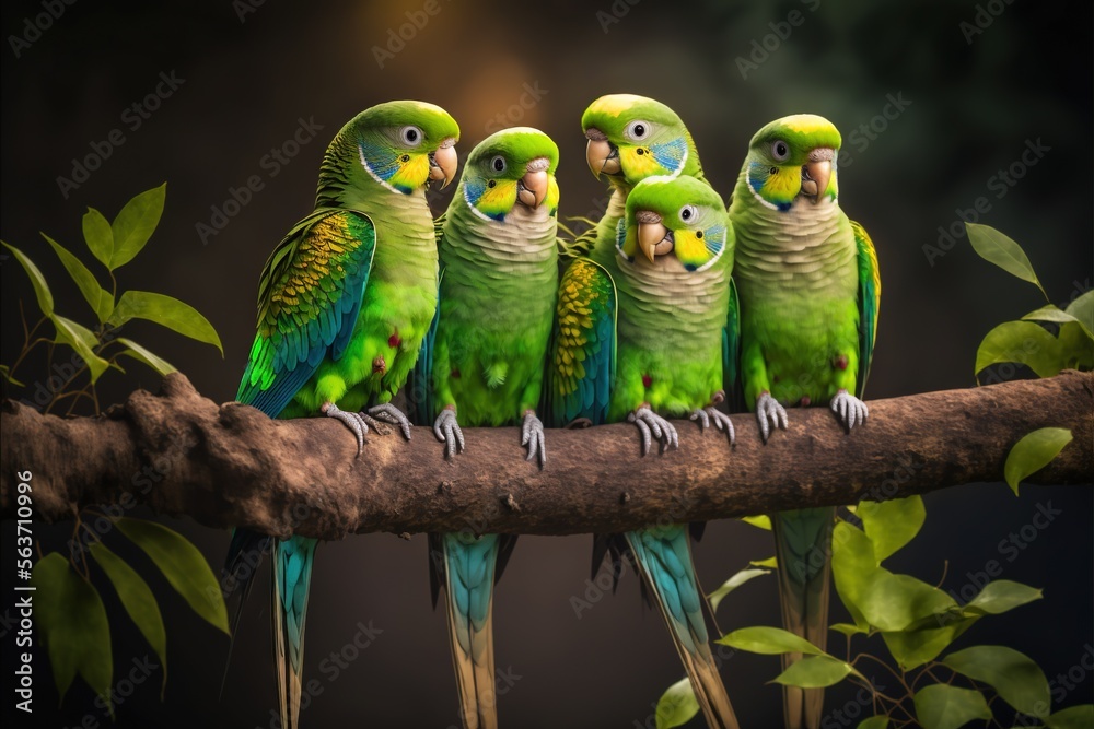 a group of green parrots sitting on a branch together on a tree branch ...