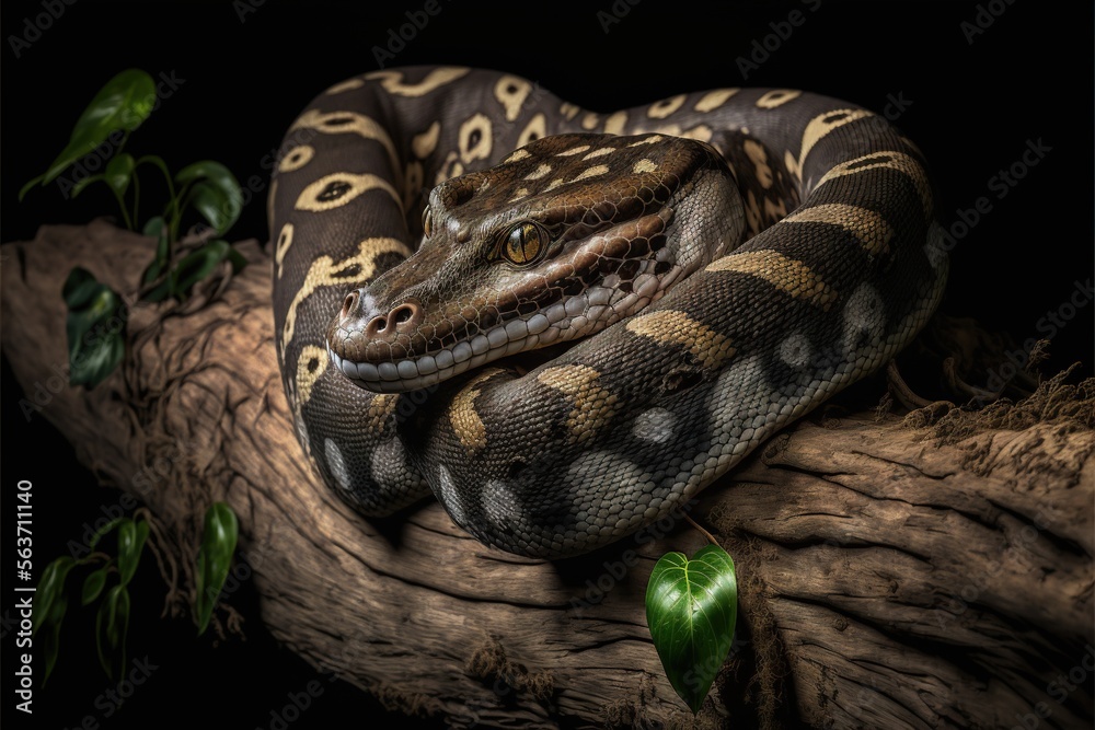 a large snake is curled up on a branch with a green plant in the ...