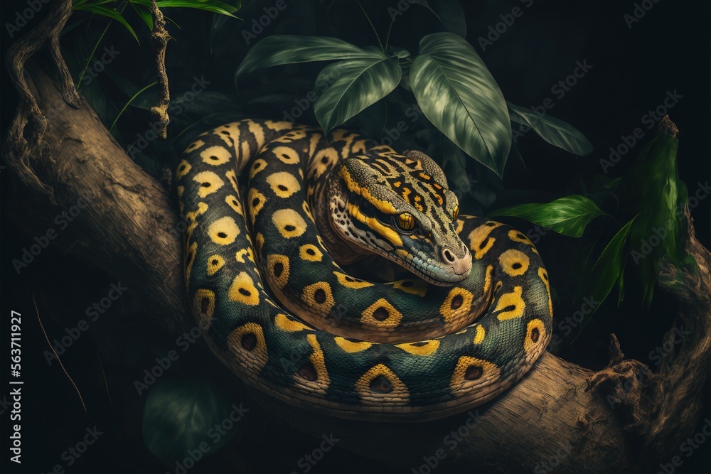 a large snake is curled up on a branch in the jungle, with leaves ...