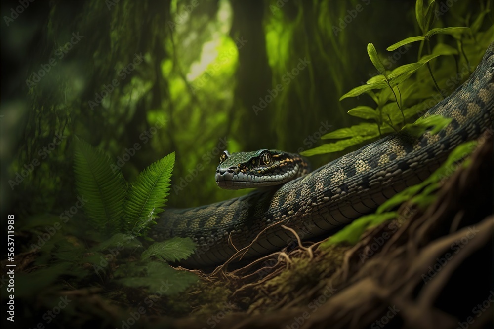 a snake is in the middle of a jungle with green plants and leaves on ...