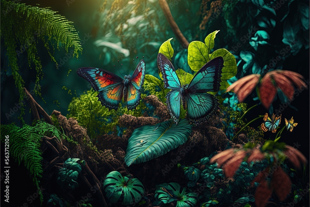 a painting of three butterflies flying over a forest of plants and ...