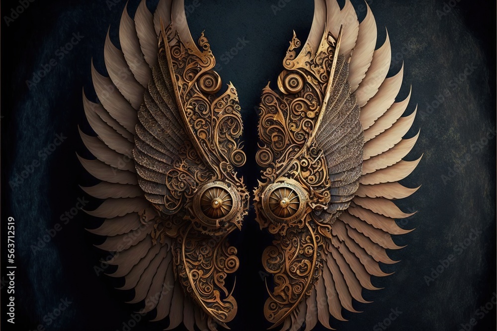 a golden angel wings with intricate designs on a black background with a gold frame around it ...