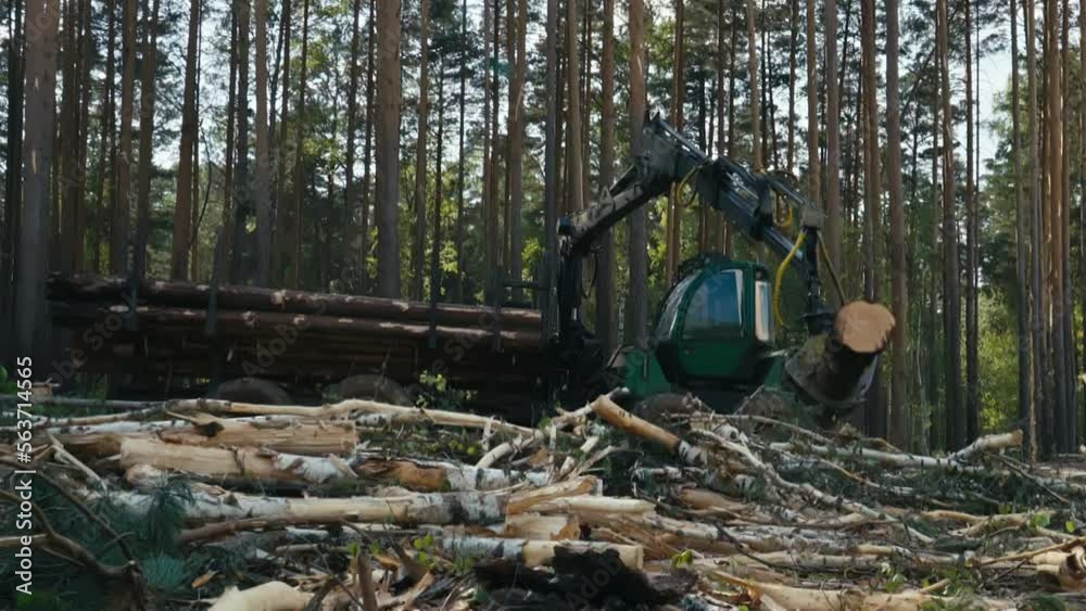 Industrial logging machine is collecting the timber logs from the ...