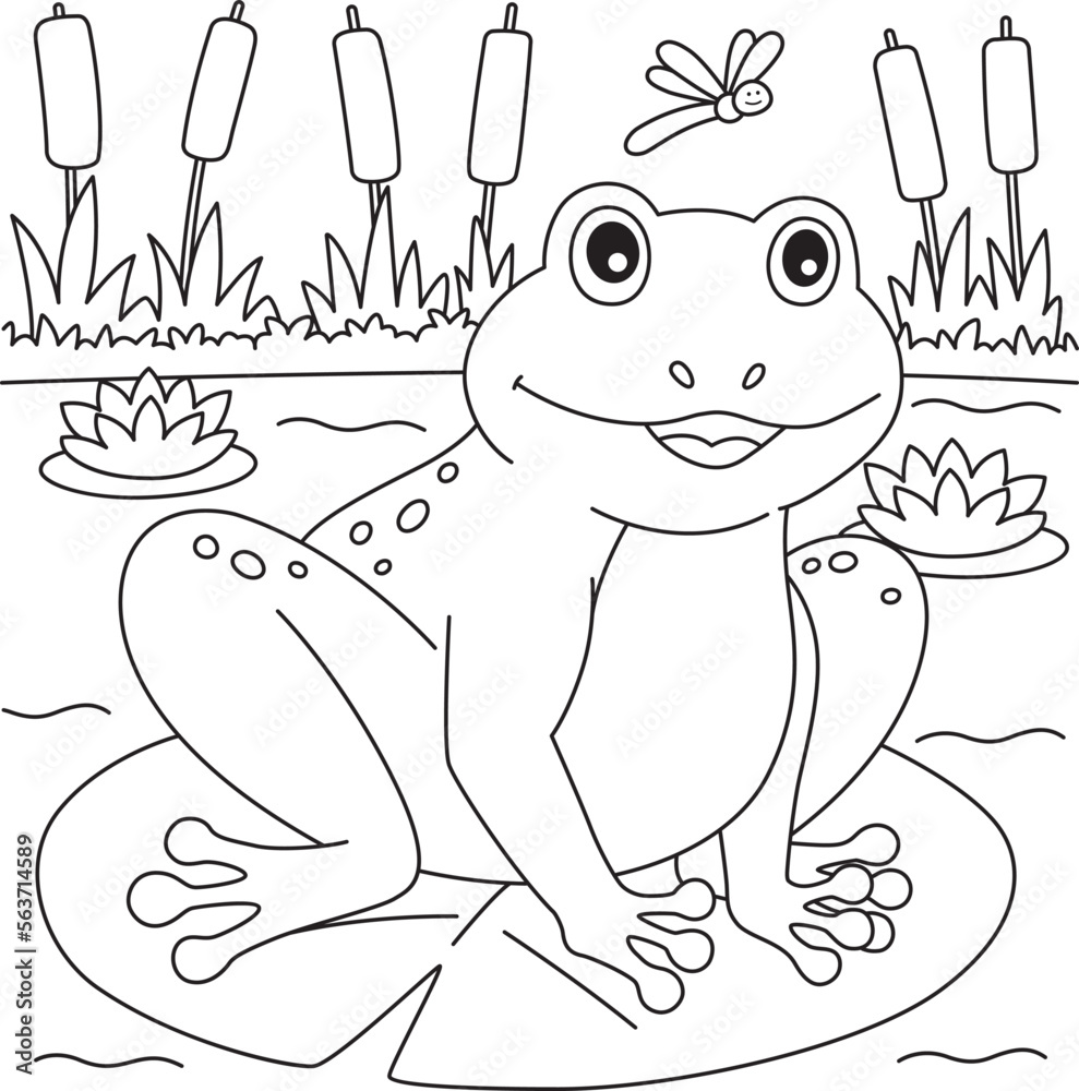 Spring Frog on a Water Lily Coloring Page for Kids Stock Vector | Adobe ...