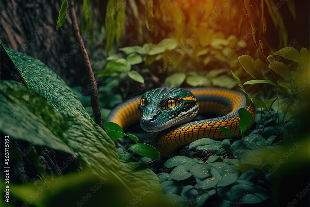 ภาพประกอบสต็อก a green and yellow snake in the middle of a jungle with ...