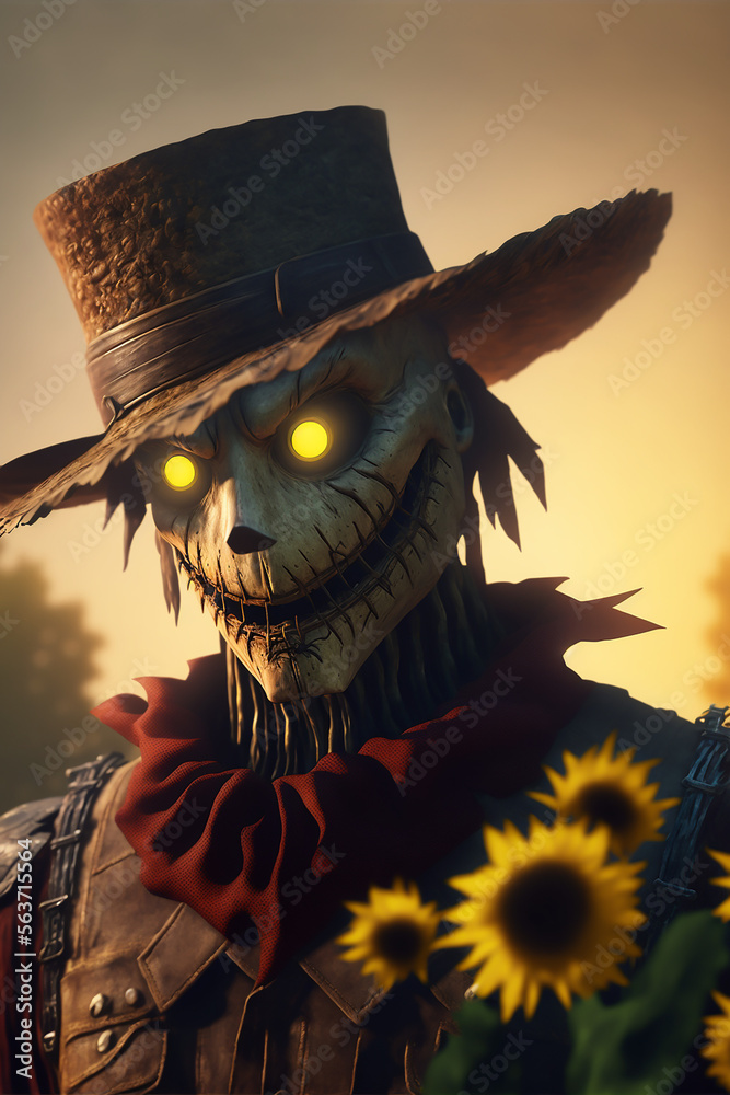 A Scary Horror Scarecrow Creature in full costumes with Hat and Red eye ...