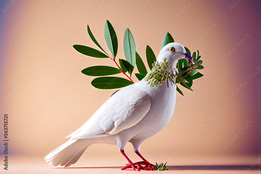 White pigeon carrying olive leaf branch on pastel background and ...