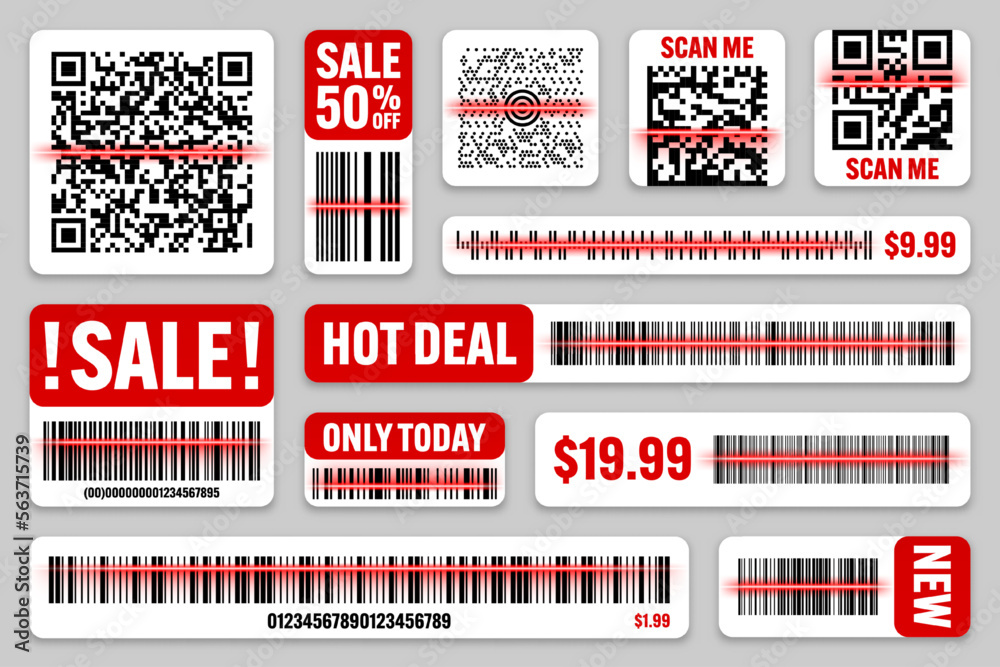 Product barcodes and QR codes with red scanning line. Sale stickers ...