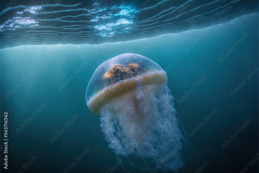 a jellyfish swimming in the ocean with a yellow head and tail on its ...