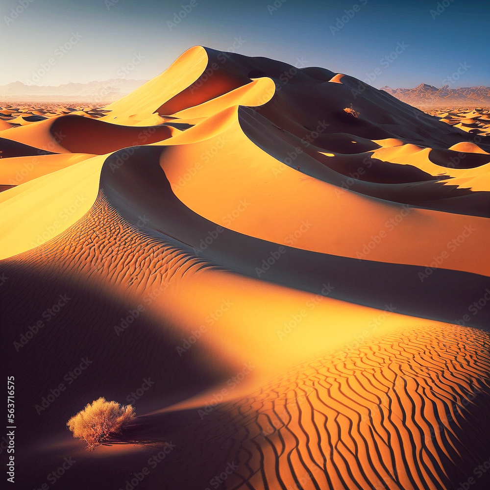 Sand dunes in the desert. Arid landscape of the desert. Art created with Generative AI ...