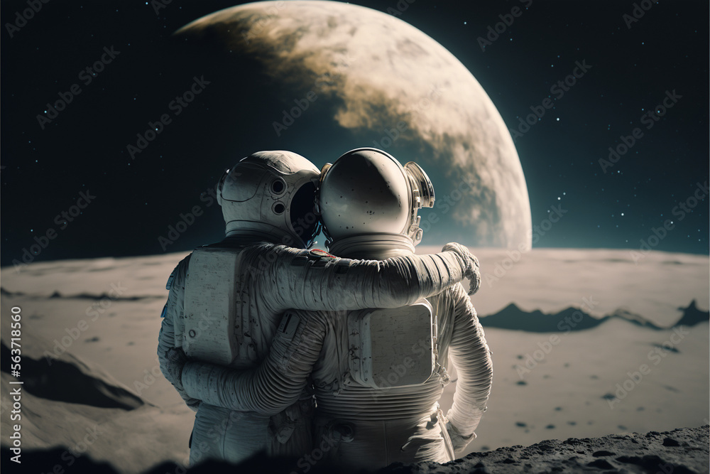 Two astronauts stand hugging on an alien planet and look into the distance, view from the back ...