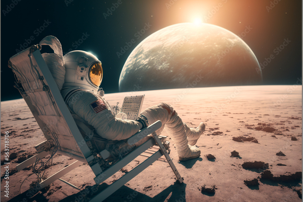An astronaut sits on a chair on an alien planet and looking at the sky ...
