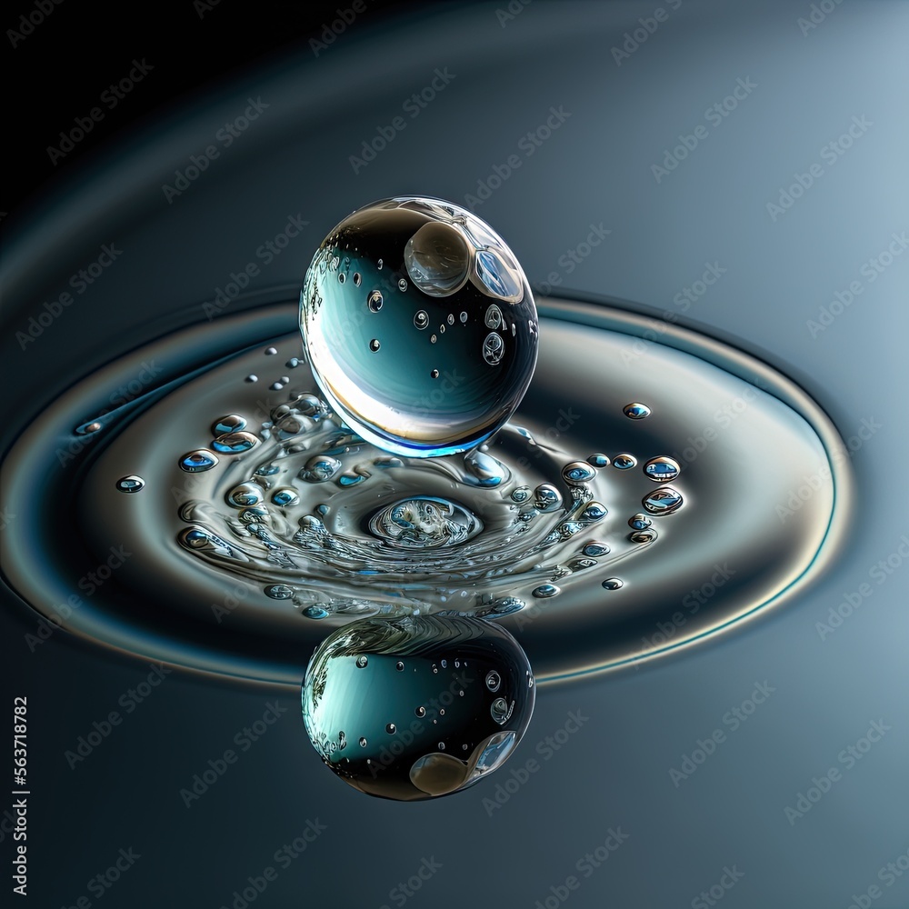 a water droplet with two bubbles floating in it's water surface, with a ...