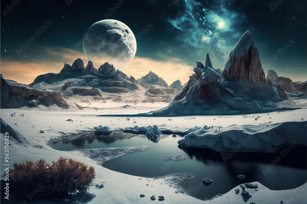 Extraterrestrial landscape, scenery of alien planet in deep space ...