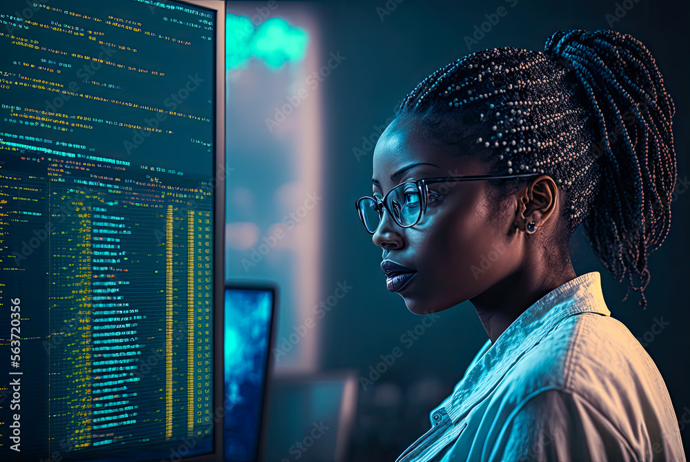 African American woman programmer looking at lines of code on a screen, copyspace. Generative AI ...