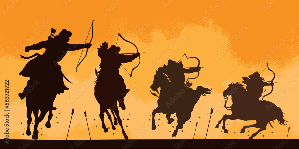 Silhouette of a horse archers and warriors. Mongolian nomad steppe ...