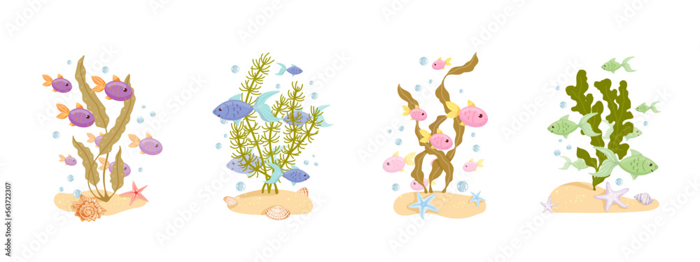 Cartoon flocks of fish in the aquarium swim among algae, shells ...