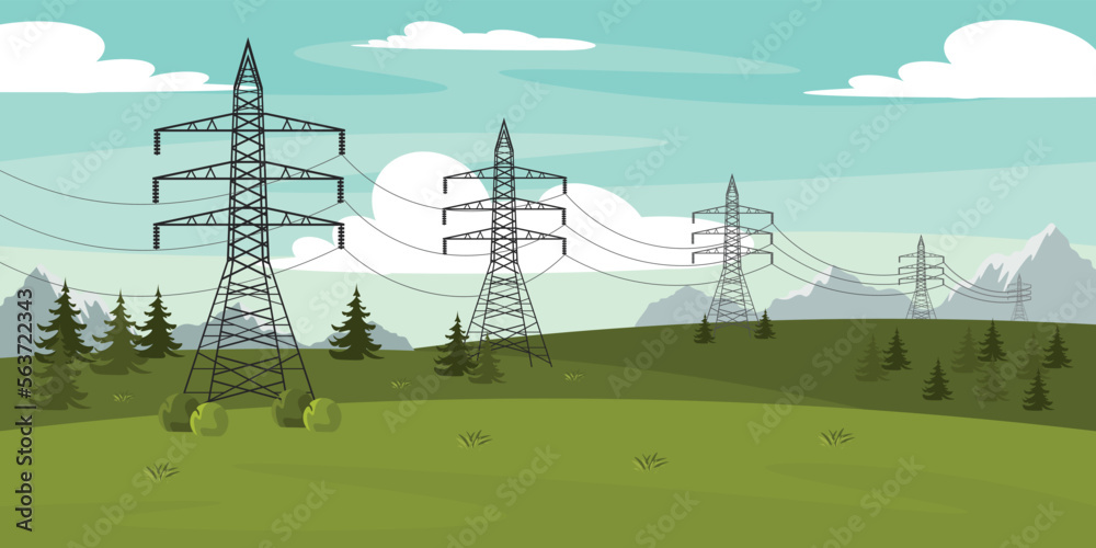 Vector illustration of lines of electricity transfers. Cartoon forest ...