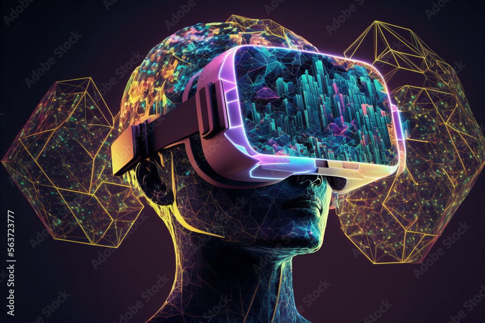 Metaverse concept and virtual world elements. Silhouette of a human ...