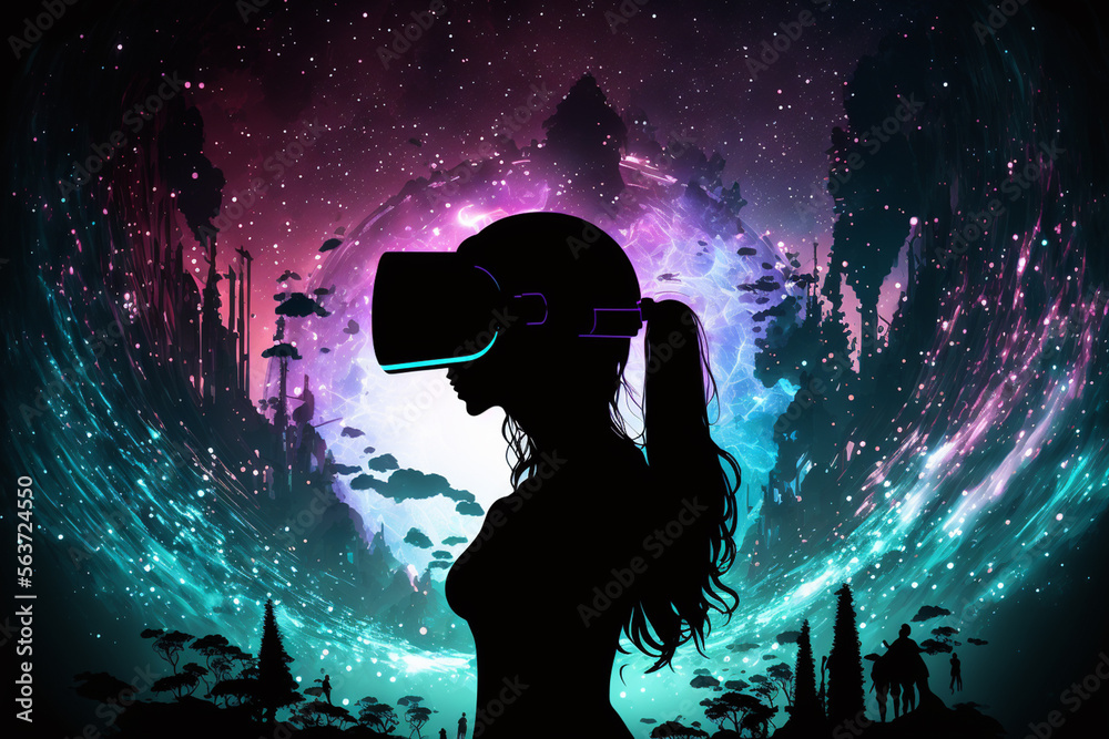 Metaverse concept and virtual world elements. Silhouette of a human ...