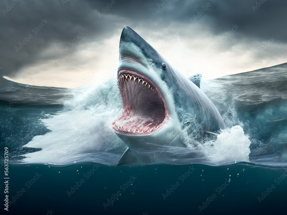 Photo & Art Print Great white shark jumping out of the blue ocean with ...