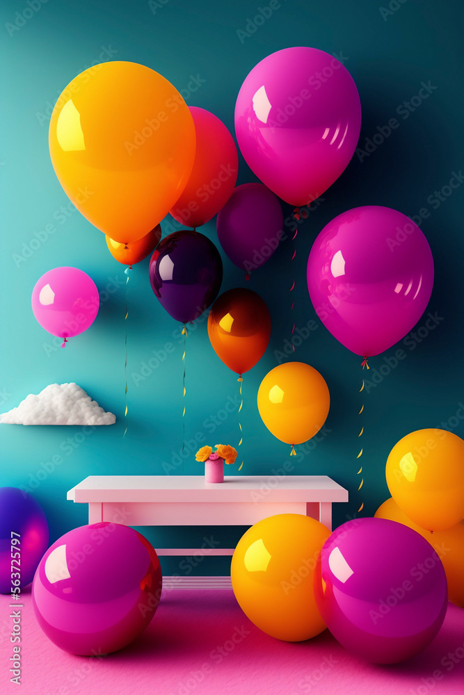 Colorful balloons in various colors of yellow, magenta, and gold rest ...