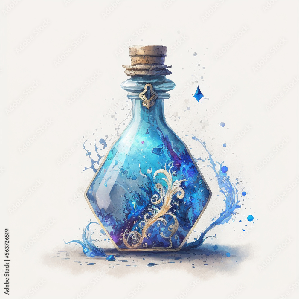painted bottle in the design of a magic potion, blue mysterious looking ...