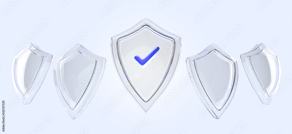 Glass transparent shield icon set 3d render. Protect and safety symbol ...