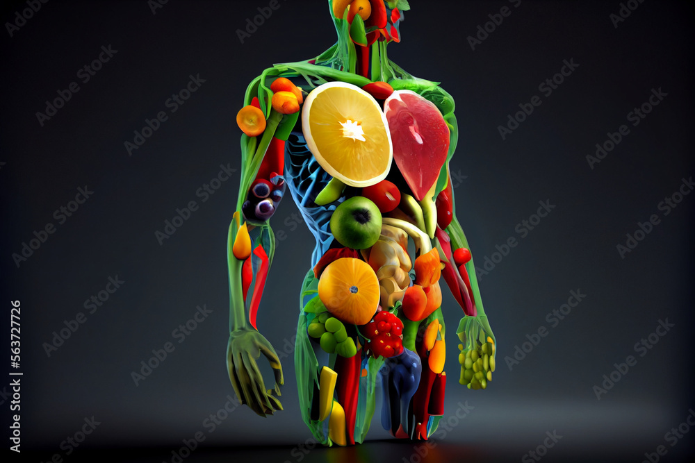 Illustration of a human anatomy made of Fruits and Vegetables in ...
