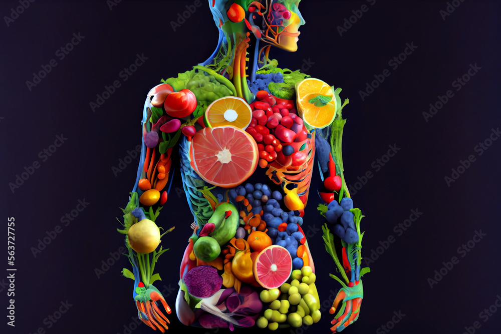 Illustration of a human anatomy made of Fruits and Vegetables in ...