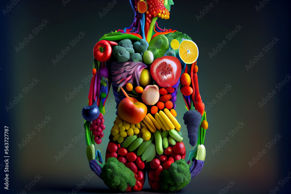Illustration of a human anatomy made of Fruits and Vegetables in ...