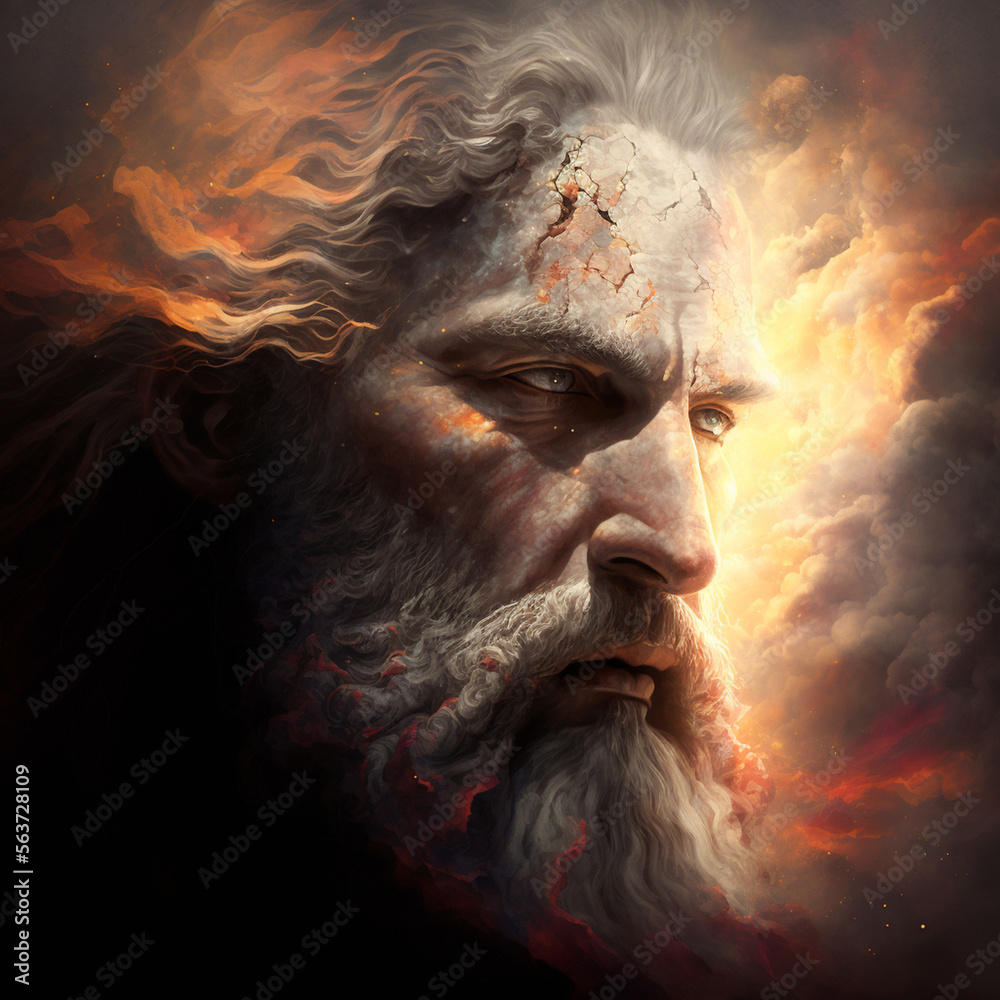 God with serious or evil look, style of a drawing or painting, face of ...
