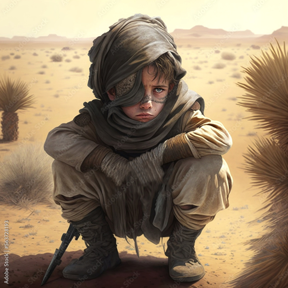 fictional person, a child surrounded by a desert landscape, sad face ...