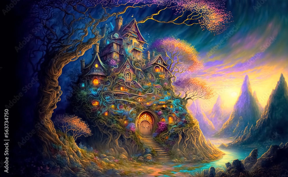 Fantasy fairy tale background. Fantasy enchanted fairy tale house or ...