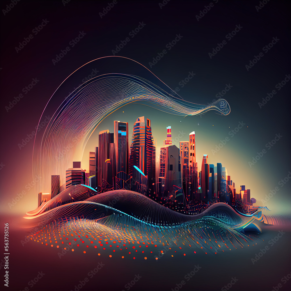 Futuristic smart city structure in space abstract red blue background ...