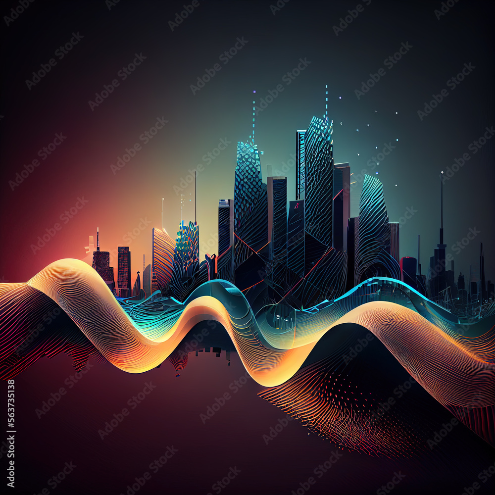 Futuristic smart city structure in space abstract red blue background ...