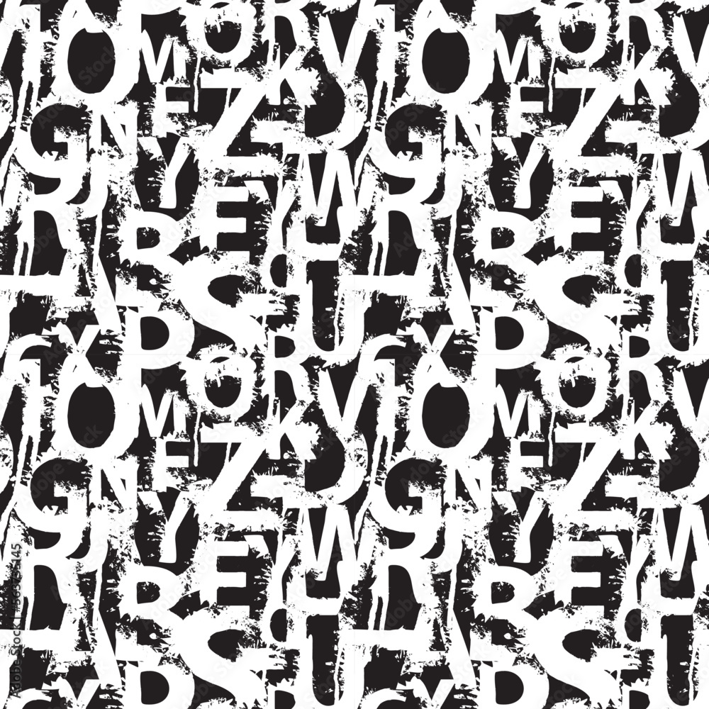 Seamless pattern with alphabet letters in form of black and white paint ...