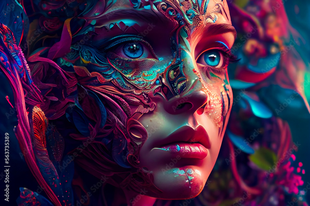 Beautiful Woman Surreal Portrait With Flowers And Butterflies