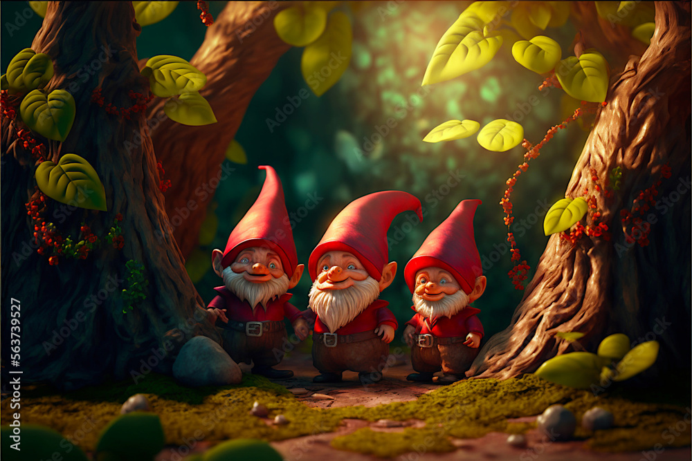 Forest dwarfs in red hats. Fairytale forest with cute gnomes. Ai ...
