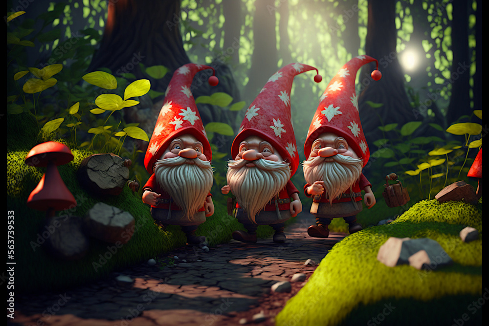Forest dwarfs in red hats. Fairytale forest with cute gnomes. Ai ...