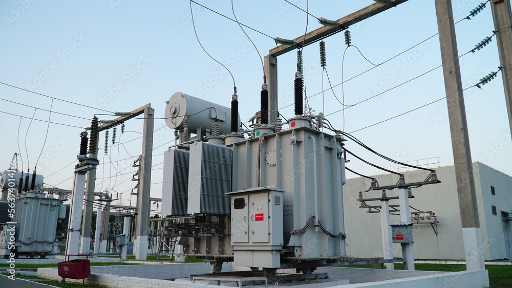 Power transformer. Electrical equipment. Electric substation. High ...