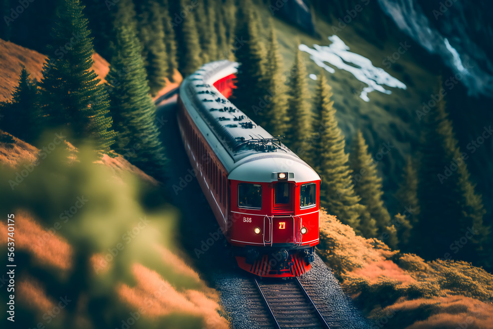 Red train around the beautiful mountains. Generative AI. Stock ...