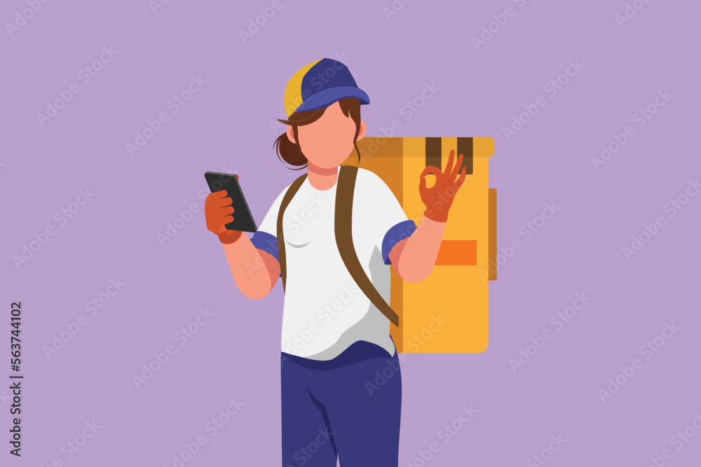 Cartoon flat style drawing deliverywoman holding smartphone for finding ...